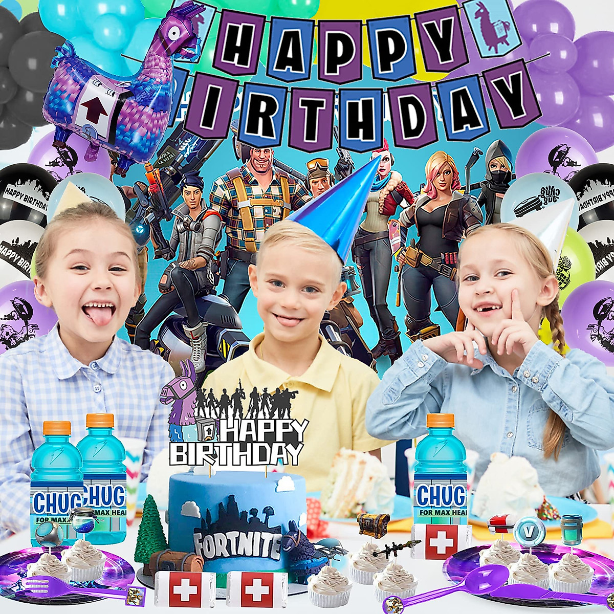 Video Game Party Supplies, Party Decorations for Boys Include Birthday Banner, Balloons, Backdrop, Tableware, Napkins, Foil Balloon, Chocolate Stickers and Bottle Labels