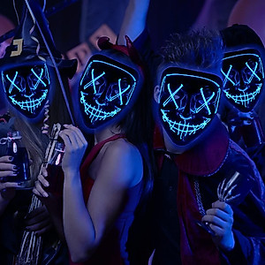 Max Fun Halloween Mask Glowing Gloves for Halloween Costume Cosplay Light Up Scary Masks with 3 Lighting Modes Cosplay Lighted Face Masks for Halloween Parties Masquerade Party(Blue)