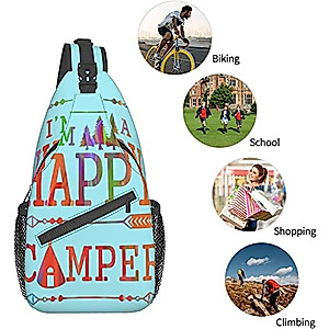 Stylish Chest Sling Bag Camping Mountain Happy Camper Sky Blue,Crossbody Shoulder Backpack Adjustable Chest Bag Lightweight Casual Daypack for Men Women Outdoor Sports Biking Climbing Shopping