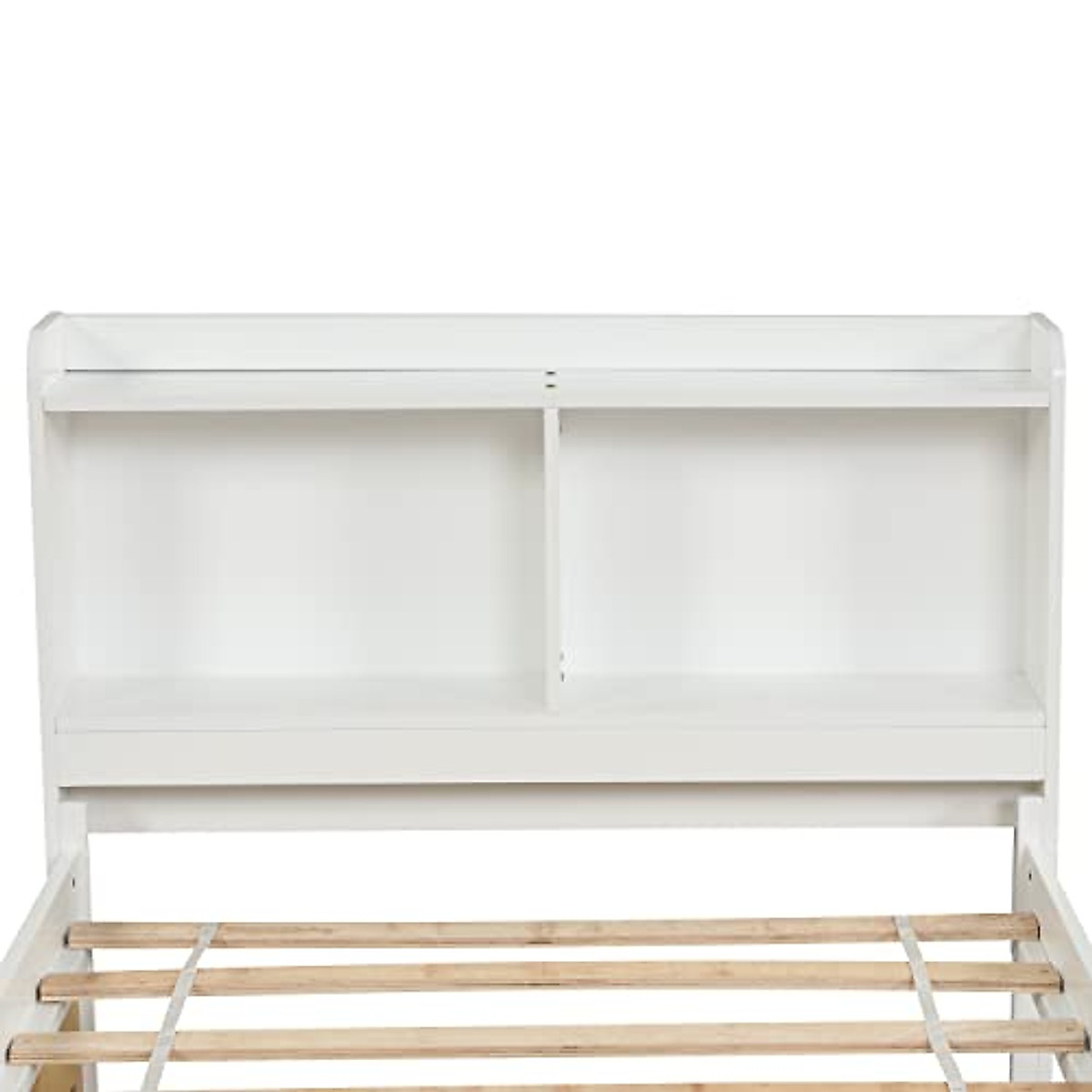 Twin Bed with Trundle, Twin Size Platform Bed with Bookcase Headboard and Pull Out Trundle Bed, Wooden Twin Bed Frame with Storage Shelves, No Box Spring Needed (Twin, White)