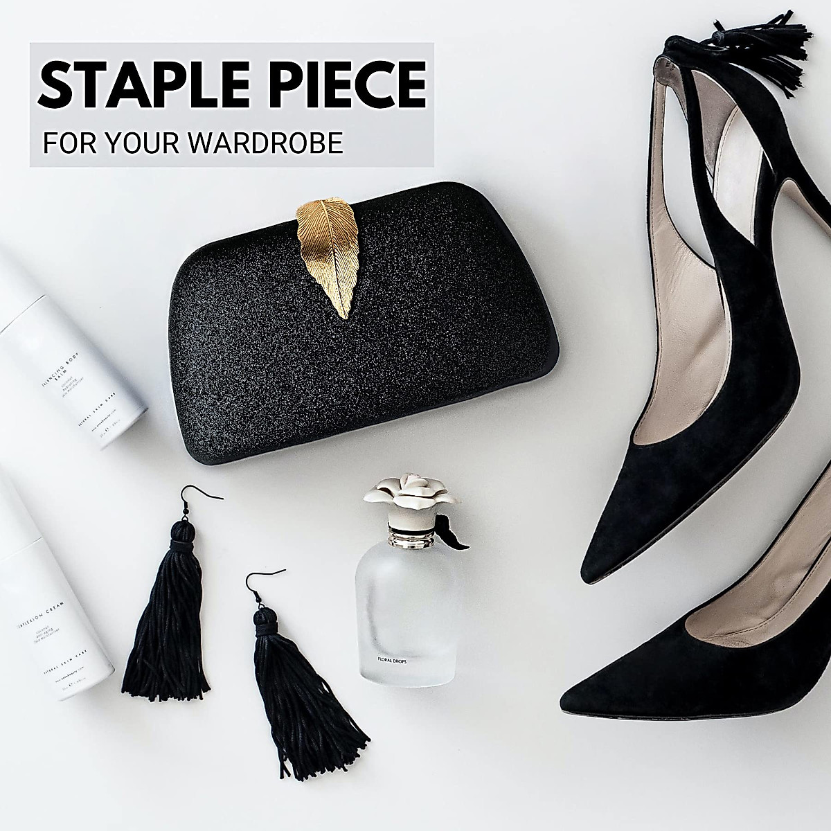 Before & Ever Women's Small Black Sparkle Clutch, Evening Handbag for Women - Formal Crossbody Purse