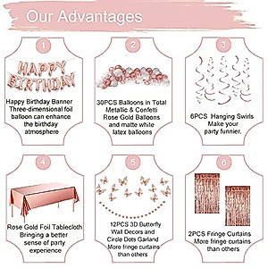 Rose Gold Happy Birthday Party Decorations for Women Girls, Happy Birthday Banner for Her, Fringe Curtains, Foil Tablecloth, Confetti Balloons, Butterfly Decor for 13th 16th 18th 21st 30th 40th 50th