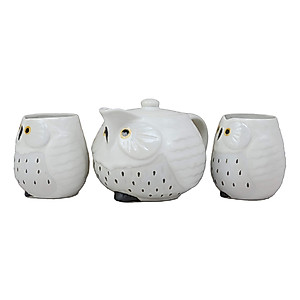 Ebros Gift Whimsical White Fat Snow Owl Ceramic 16oz Tea Pot With 2 Cups Set With Stainless Steel Strainer As Teapots And Teacups Home Decor Of Owls Owlet Nocturnal Bird