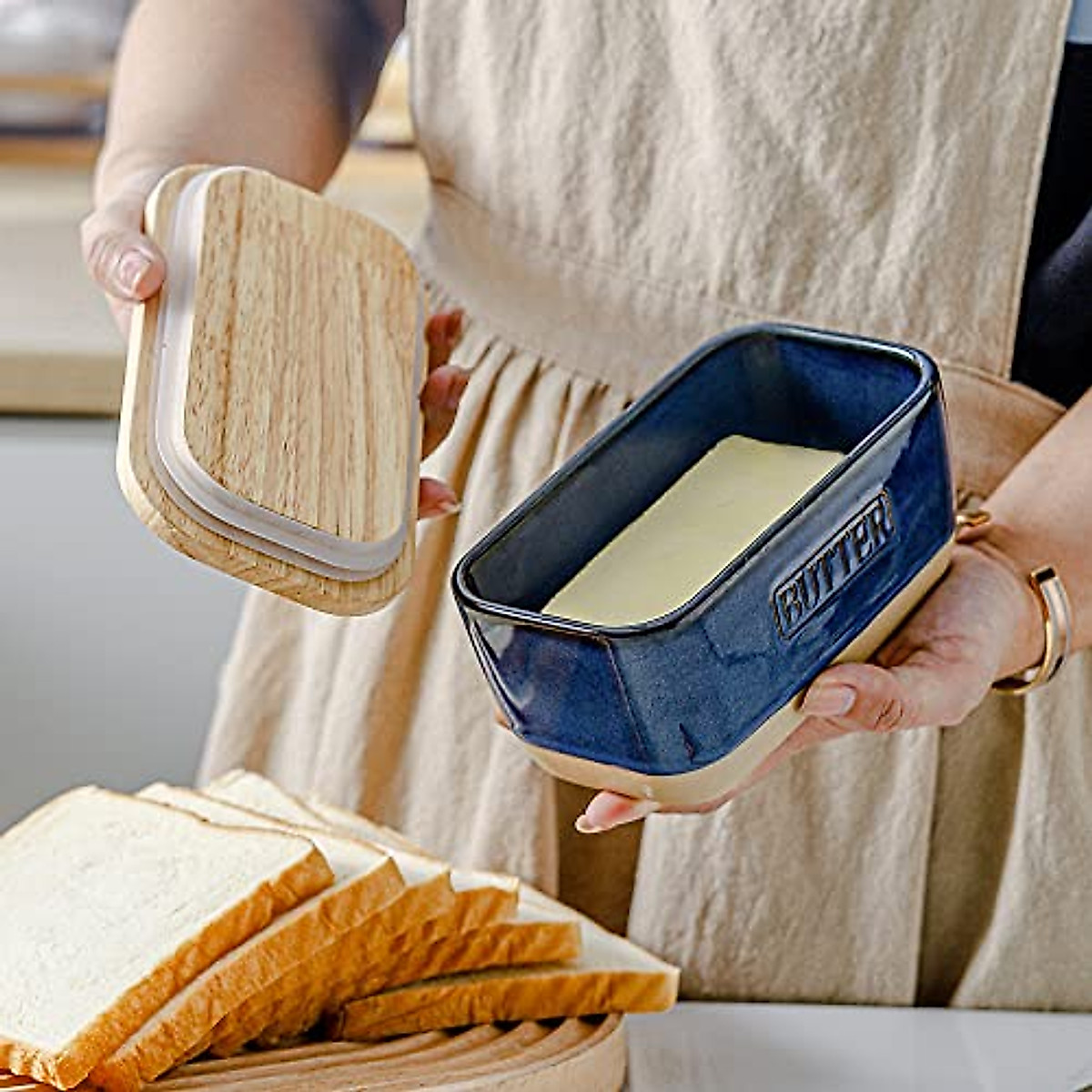HVH Ceramic Butter Dish with Lid for Countertop, Airtight Butter Keeper with Wooden Lid, Butter Dishes with Covers, Ceramic Butter Container for East West Coast Butter, Farmhouse Style (Blue)
