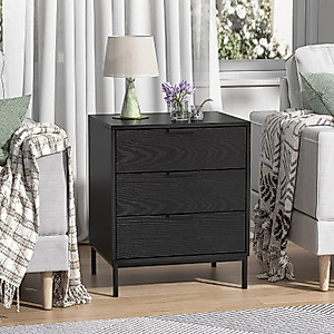 Anmytek Nightstand with 3 Drawers, Modern Wood Night Stand for Bedroom with Storage Drawers, Black Bedside Table Sofa End Side Table for Dorm Small Spaces, 15.7”D x 19.8”W x 23.7”H