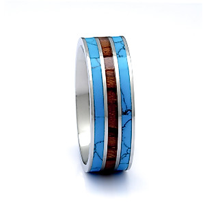 PCH Jewelers Titanium Ring with Stabilized-Turquoise and Koa Wood Inlay, 8mm Comfort Fit Wedding Band (10.5)