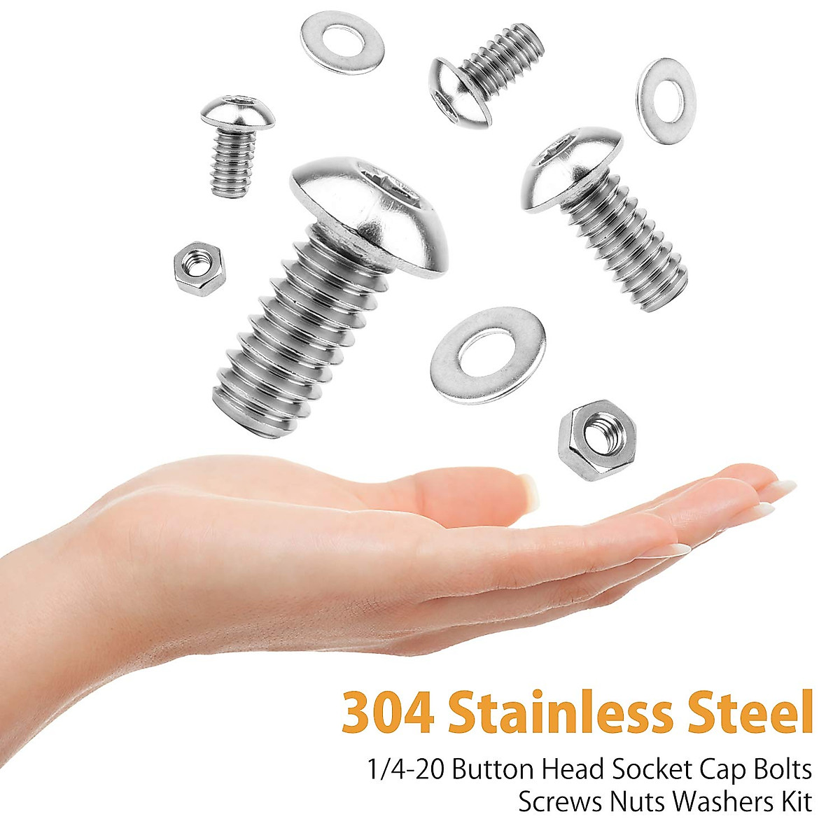 1/4-20 Hex Button Head Cap Screw, VIGRUE 300pcs 304 Stainless Steel UNC Hexagon Bolts Flat Washers Nuts Assortment Kit Machine Screws Set, 8 Sizes (Length from 3/8" to 2")