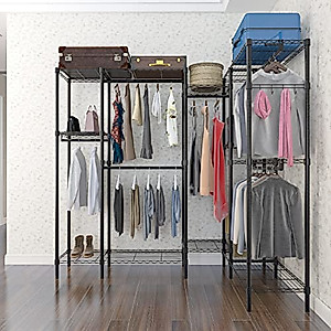 Karl home 70.8" H L-Shaped Freestanding Garment Rack, Adjustable Wire Clothes Rack Closet Organizer with 8 Shelves 6 Hanging Rods 4 Hooks, Heavy Duty Clothing Wardrobe Industrial Storage Black Metal
