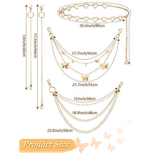 5 Pieces Chain Belt Jeans Pants Chain Pocket Waist Chain Multi-Layer Hip Hop Metal Wallet Chain for Men Women (Butterfly, Heart,Gold)