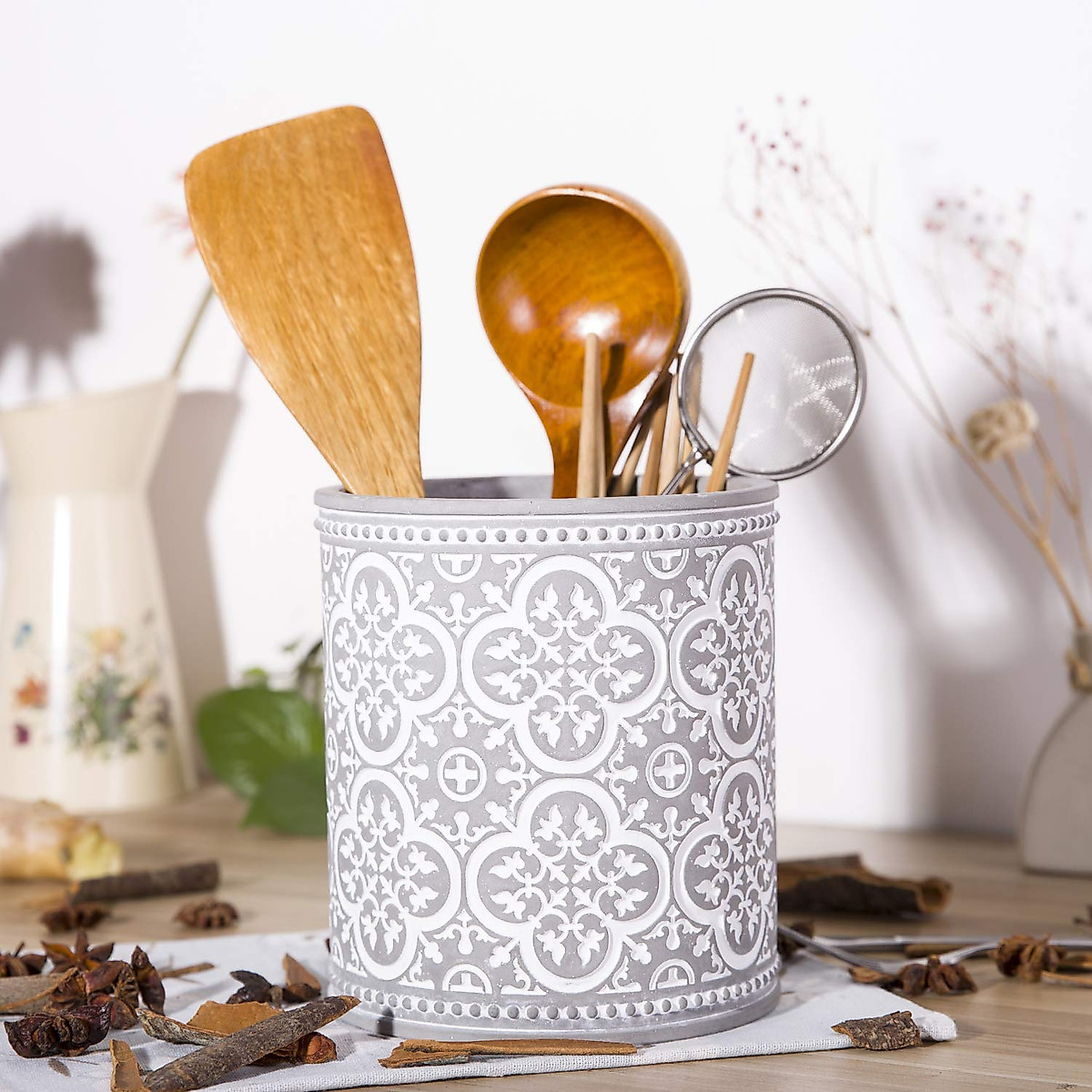 Farmhouse Kitchen Cooking Utensil Holders | Fine Embossed Cement Utensils Crock | Cement Utensil Container Kitchenware Flatware Organizer Decor Utensils Caddy (Pattern 1)