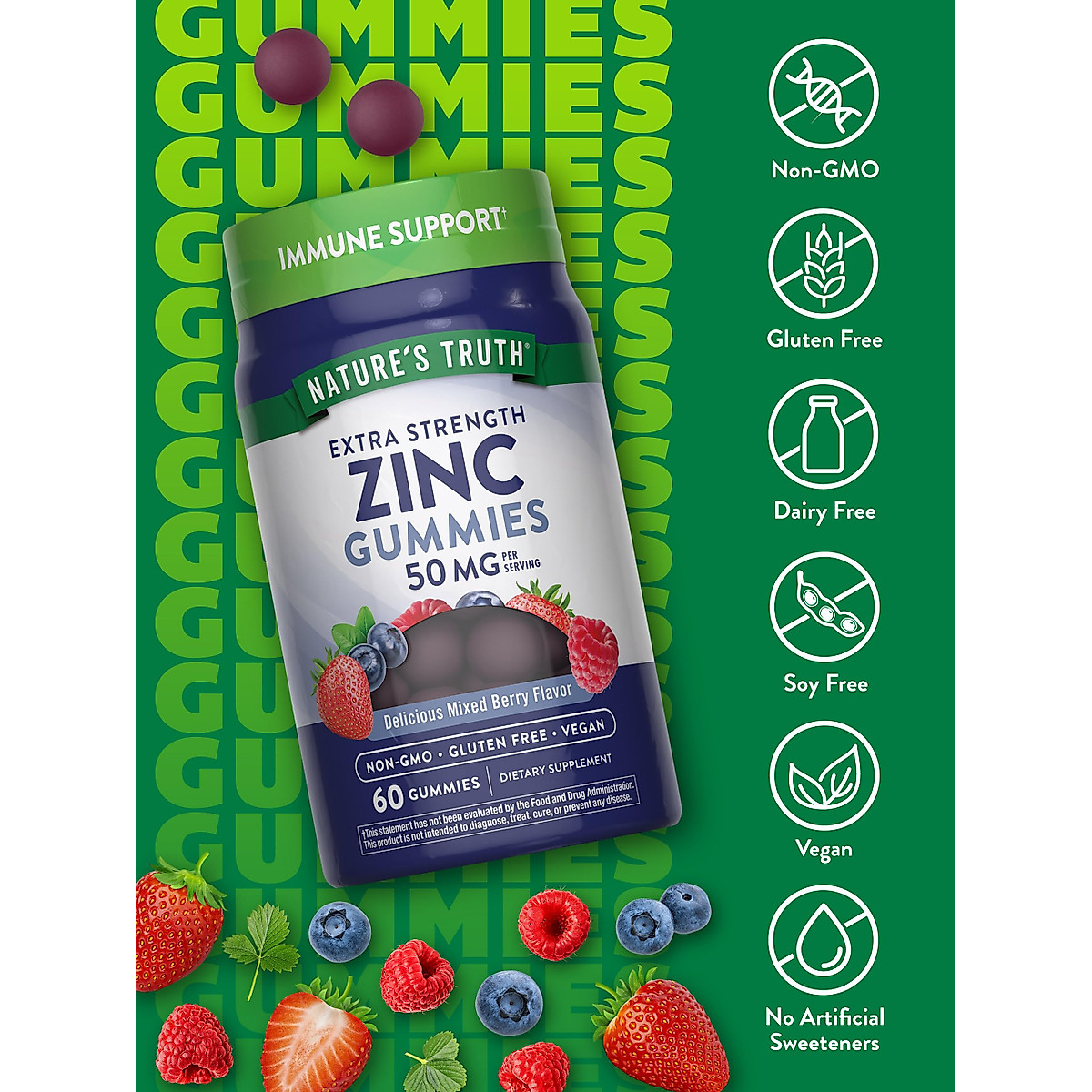 Zinc Gummies | 50mg | 60 Count | Vegan, Non-GMO & Gluten Free Supplement | Mixed Berry Flavor | by Natures Truth