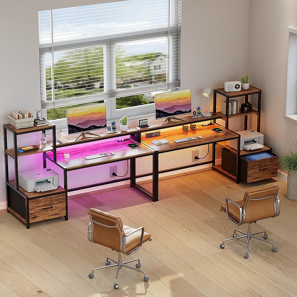 GreenForest Office Desk with Power Outlets and Printer Shelf, 68.8 inch Computer Desk with LED and Drawer, Reversible Gaming Desk with Storage for Home Study Working,Walnut