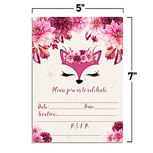 Fancy Fox Face Watercolor Floral Birthday Party Invitations, 20 5x7 Fill In Cards with Twenty White Envelopes by AmandaCreation