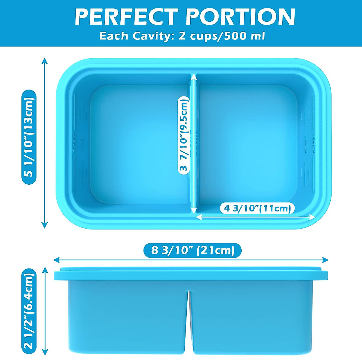 Webake Silicone Freezer Tray with Lid, Food Storage Container, 2 Cup Ice Cube Tray for Soup Sauce Meal Prep, BPA Free - Blue