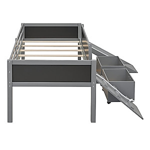 Harper & Bright Designs Low Loft Bed with Slide, Wood Twin Loft Bed for Kids, Loft Bed Twin with 2 Toy Boxes, Chalkboard and Climbing Frame, Junior Loft Bed Frame for Girls Boys (Twin, Gray)