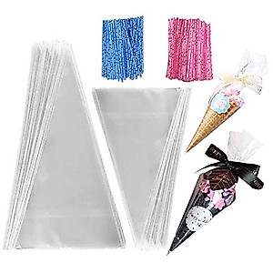 XIPEGPA 200pcs Clear Cellophane Bags Cone 2 Sizes for Treat Bags for Popcorn Candy Bags Triangle Plastic Party Gift Bags with 200 PCS Twist Ties 2 Mix Colors Ties and 2 Colour Ribbons