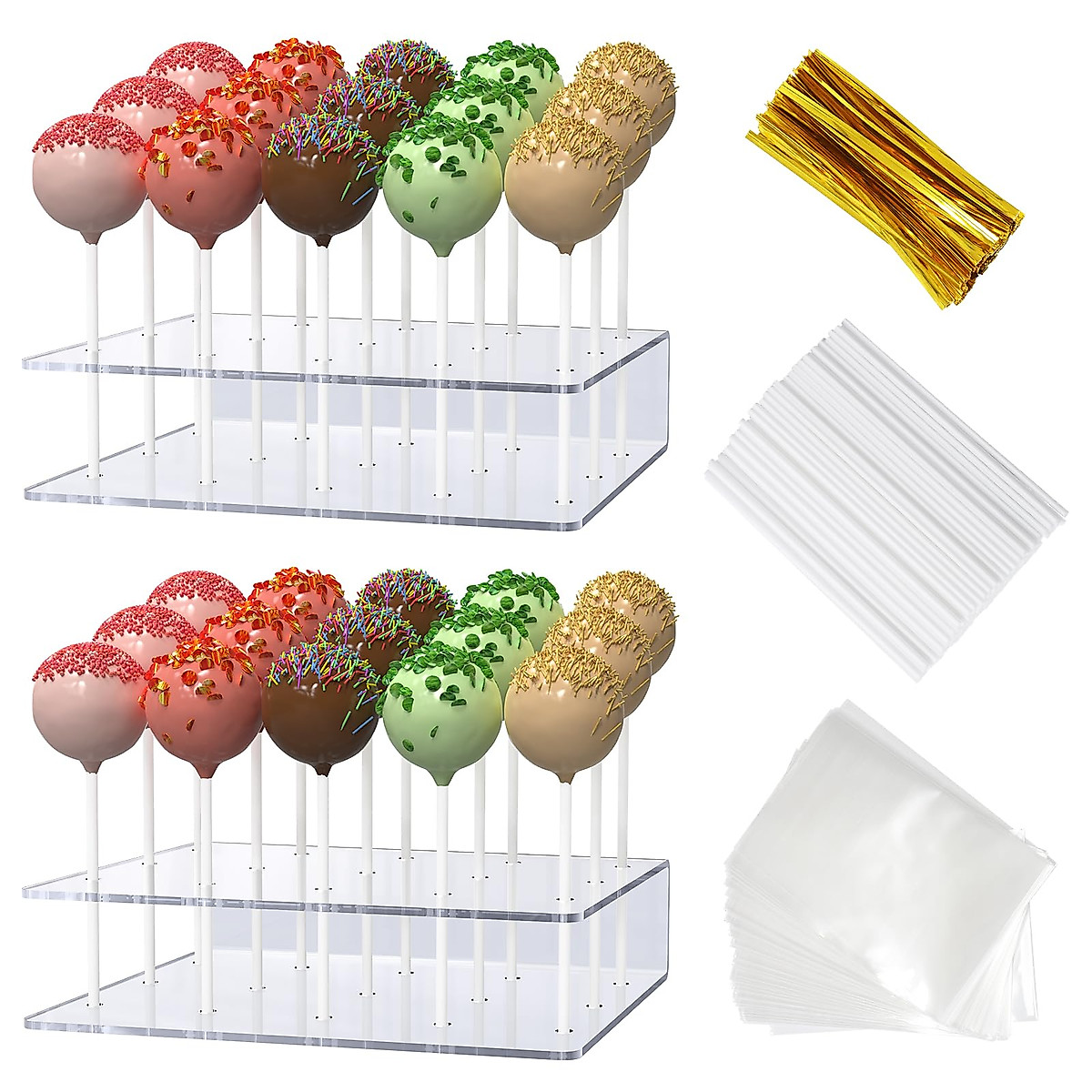2 Pack Cake Pop Stand with Sticks Kit, Acrylic Lollipop Hold Stand, Clear Cake Pop Display Holder, 15 Holes Candy Pop Holder with 100 Pcs Sticks, 100 Pcs Clear Wrappers, 100 Pcs Gold Twist Ties