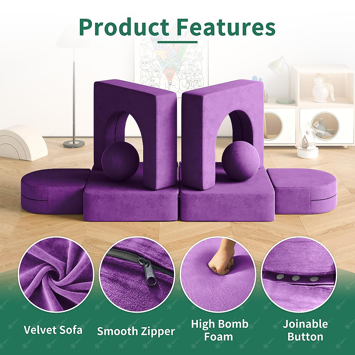 wanan 8PCS Kids Sofa, Kids Modular Couch Toddler with 2 Balls, Kids Couch Play Set 8 in 1 Baby Foam Sofa Kids Couch (Purple)