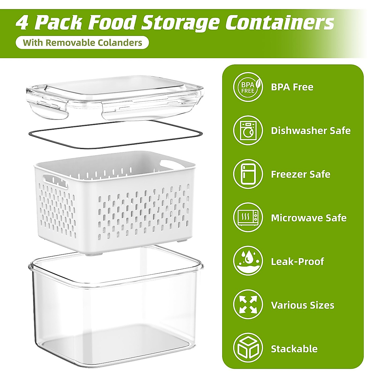 HILETY 4 PCS Fruit Storage Containers for Fridge with Removable Colander, Dishwasher Safe Produce Saver Container for Refrigerator,Airtight Food Storage Container