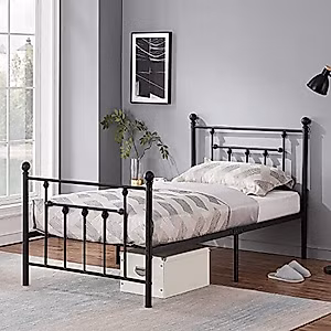 VECELO Twin Size Metal Platform Bed Frame with Headboard and Footboard, Sturdy Steel Slat Support/No Box Spring Needed Mattress Foundation/Easy Assemble，Victorian Style,Matte Black