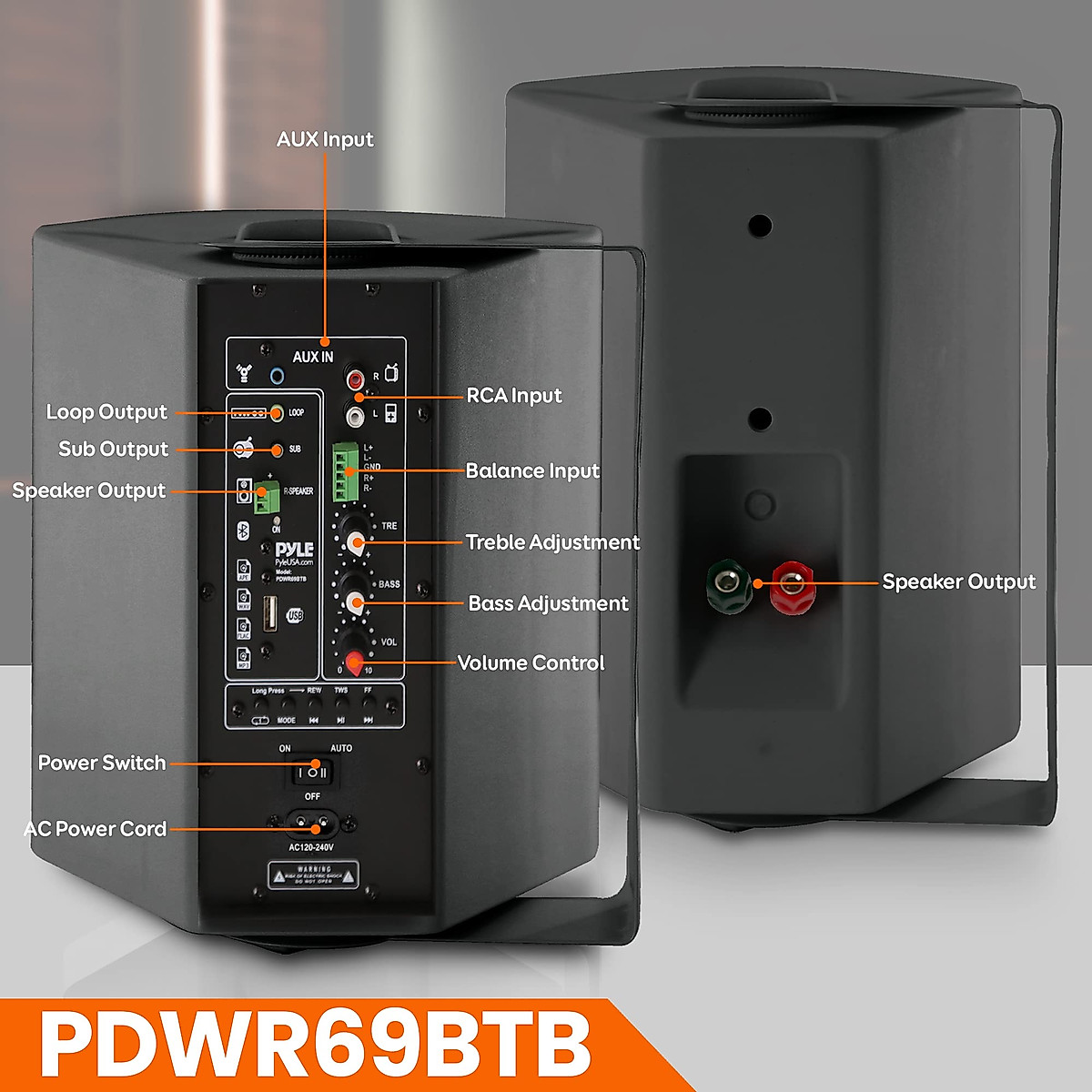 Pyle 6.5'' Wireless BT Streaming Speakers - Pro-Active, Wall Mountable, 100W MAX w/ 2-Way Full Range Stereo Sound Reproduction, Built-in Digital Sound Amplifier, Pair, Elegant Black Color - PDWR69BTB