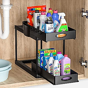 HOMEELLO Under Sink Organizers and Storage Bathroom, 2 Tier Double Sliding Under Cabinet Organizer with 4 Hooks, 1 Hanging Cup, A Complete Bathroom Organizer Under Sink