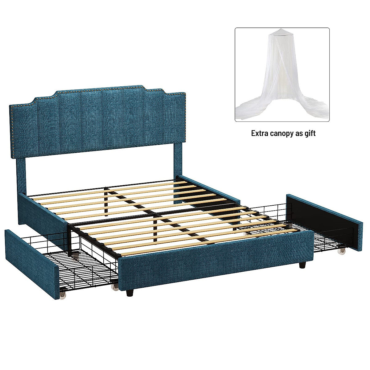 MegaChunk Queen Size Platform Bed with 2 Drawers and Adjustable Upholstered Stitched Padded Headboard, Rivets Design, Strong Slats System, Linen Upholstery, No Box Spring Needed, Blue