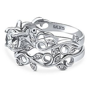 BERRICLE Sterling Silver Leaf Wedding Engagement Rings Cubic Zirconia CZ Solitaire Ring Set for Women, Rhodium Plated Size 7