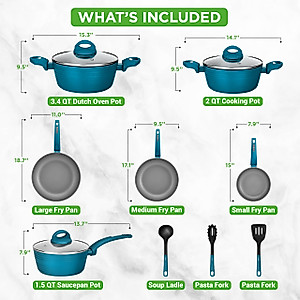 NutriChef Professional 12-Piece Nonstick Cookware - PFOA/PFOS-Free, Heat Resistant Lacquer, Elegant Design, Multi-Sized Pots and Pans, Teal/Gray/Green