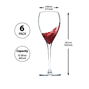 Biandeco Long Stem Wine Glasses Set of 6, 15.38 oz Premium Tempered Thin Rim Glasses for Drinking Red/White Wine, Crystal Clear Lead-Free Sturdy Glass - Made in Europe