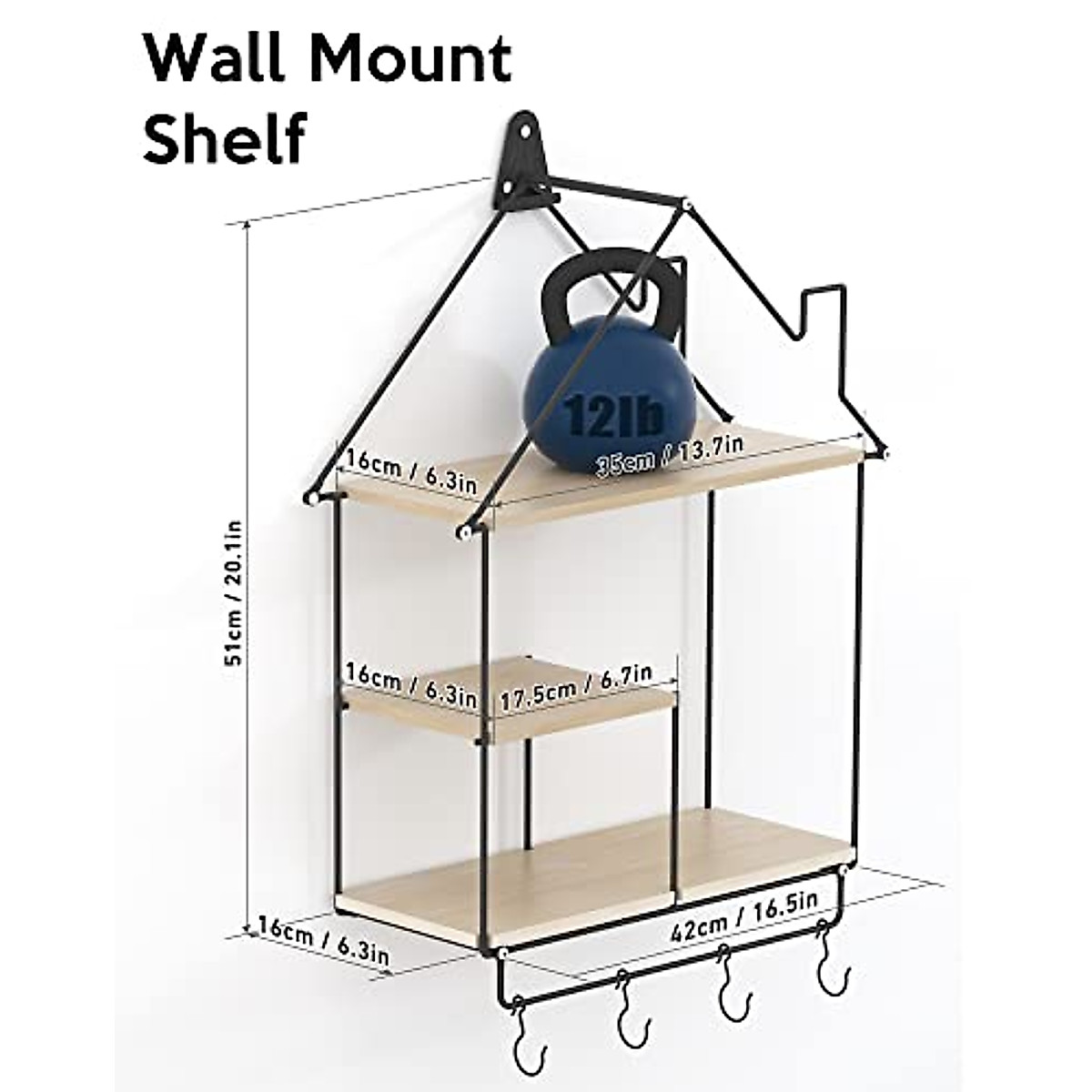 Tikea Floating Shelves, House-Shaped Wall Mounted Shelves for Storage, Modern Farmhouse Hanging Shelf with Metal Frames and Addition Hooks for Living Room Bedroom Bathroom Entryway Decor