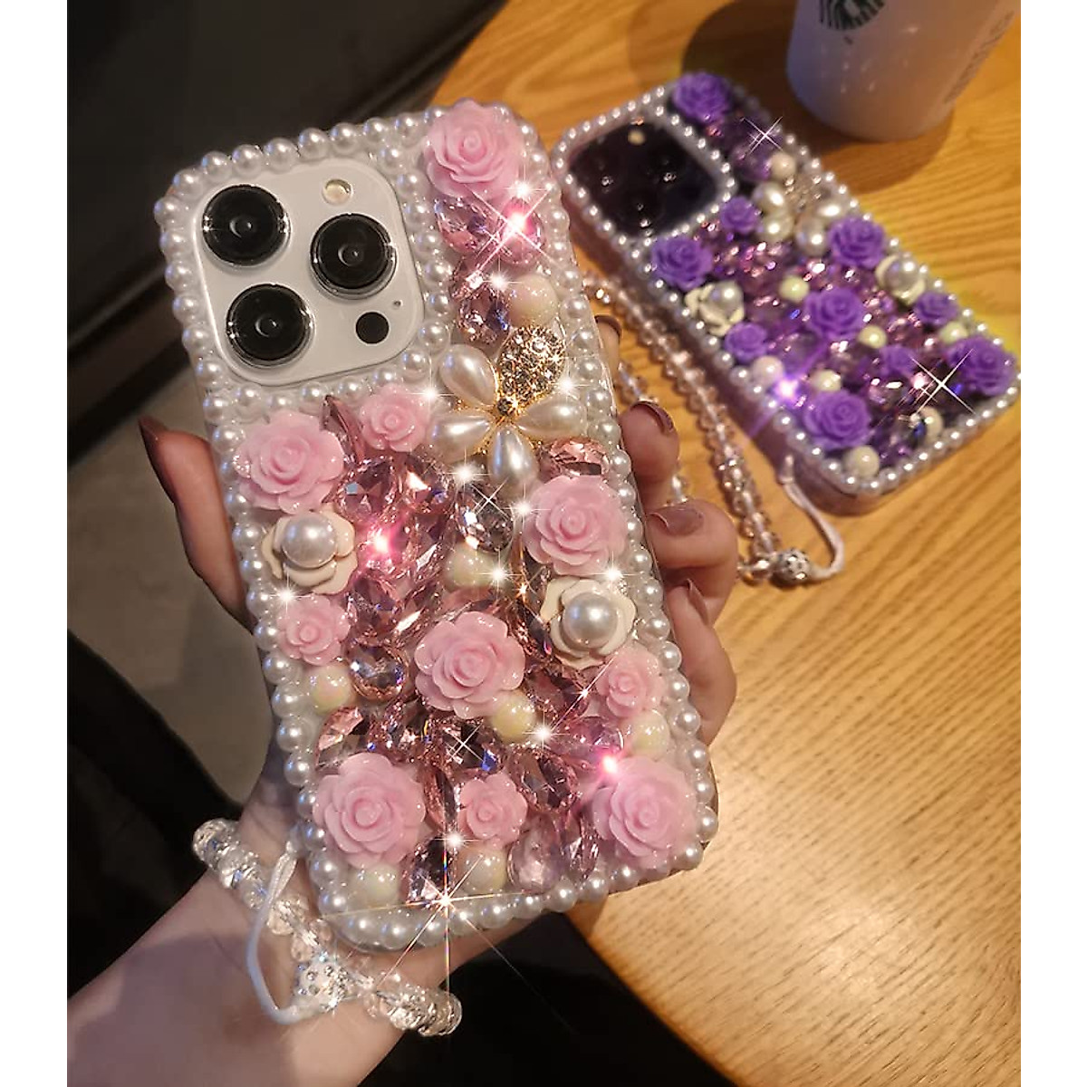 redecarie for Galaxy S9 Plus Case,Women Girls Luxury Fashionable Crystal Gemstone Roses Rhinestone Bling Glitter Diamond Bumper Clear Phone Cover with Wrist Strap for Samsung Galaxy S9 Plus