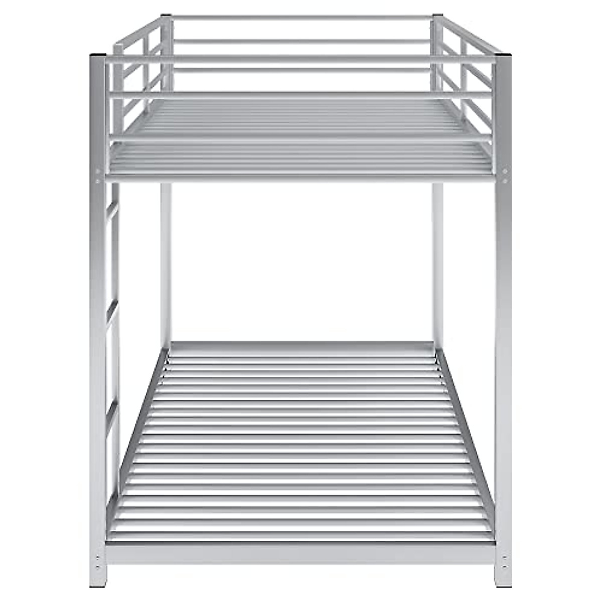 POCIYIHOME Twin Over Twin Steel Bunk Bed, Low Bunk Bed with Ladder & Slat Support & Full Length Guardrail for Kids,Teens Bedroom, Simple & Space-Saving, No Box Spring Needed, Silver