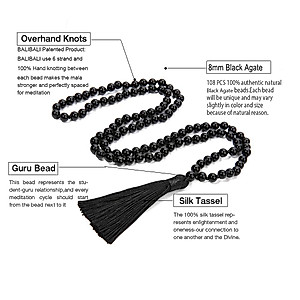 BALIBALI 8MM Beads Chakra Long Mala Necklace Natural Stone Meditation Statement Necklace Japa Yoga Rosary Prayer Charm Beaded Tassel Necklace (Black Agate)