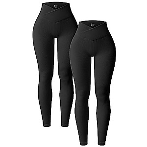 OQQ Women's 2 Piece Yoga Legging Ribbed Seamless Workout High Waist Cross Over Athletic Exercise, Black,black, Medium