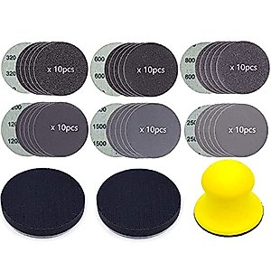 CKFCXC 63Pcs Sandpapers 3 Inch Sanding Disc Hook and Loop 320/600/800/1200/1500/2500 Grit Wet Dry Sandpaper with Hand Sanding Blocks,2Pcs Interface Pads for Wood Metal Mirror Jewelry Car Polishing