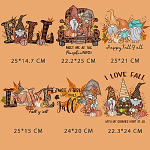 6 Sheets Thanksgiving Heat Transfers Vinyl Fall Iron On Transfers for T-Shirts Autumn Pumpkin Maple Leaf Gnome Design HTV Viny Appliques Sticker for Jean Pillow Cover DIY Decorations