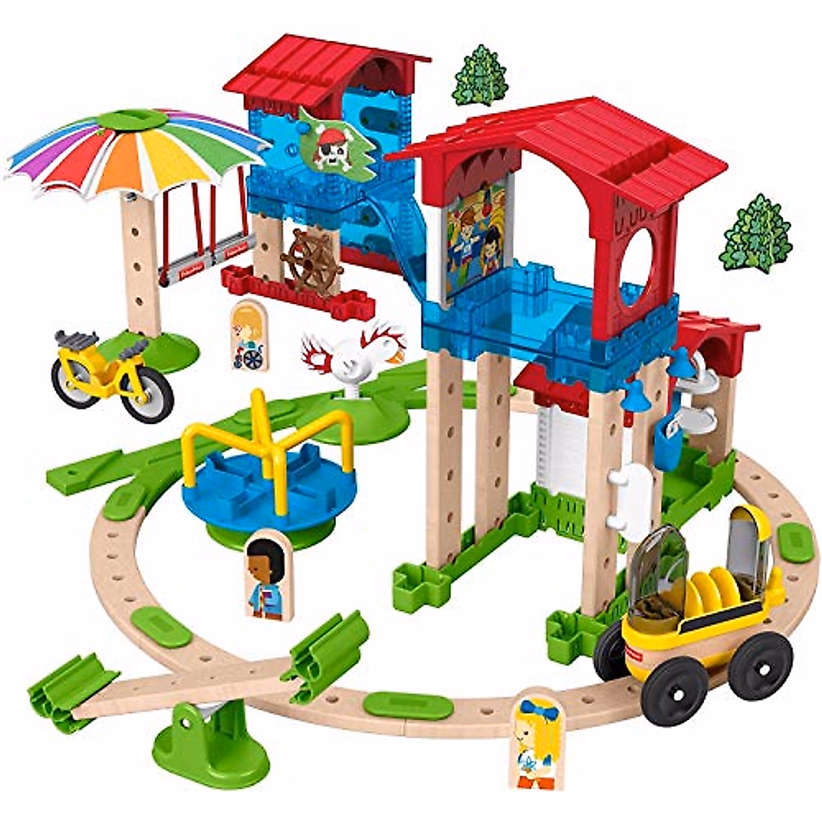 Fisher-Price Wonder Makers Slide & Ride Schoolyard - 75+ Piece Building and Wooden Track Play Set for Ages 3 Years & Up