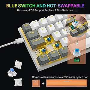 E-YOOSO 60% Mechanical Keyboard, Blue Switches Mechanical Gaming Keyboard Wired with LED Backlit, Ultra-Compact 60 Percent Computer Keyboard for Windows, Mac OS (White Grey)