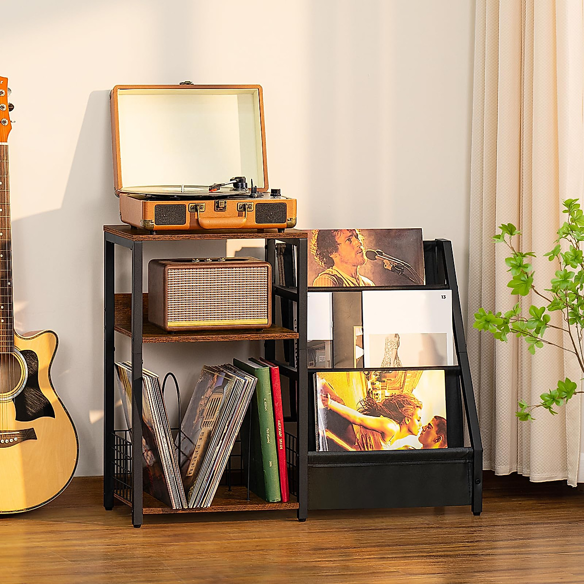 LELELINKY Record Player Stand with Vinyl Storage, 3 Tier Turntable Stand with Display Shelf Storage Up to 150 Albums,Brown End Table for Living Room