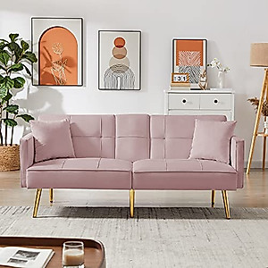 Eafurn 2 in 1 Futon Sofa Bed, 69.2", Pink 69.2" Velvet w/ 2 Cupholders