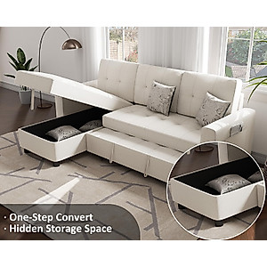 Ucloveria Sectional Sofa Couch, Sleeper Sofa Bed with Reversible Storage Chaise Pull Out Couch Bed for Living Room L-Shape Lounge 2 in 1 Futon Sofa with Side Storage Bag, 49"D x 78.5"W x 49"H, Beige