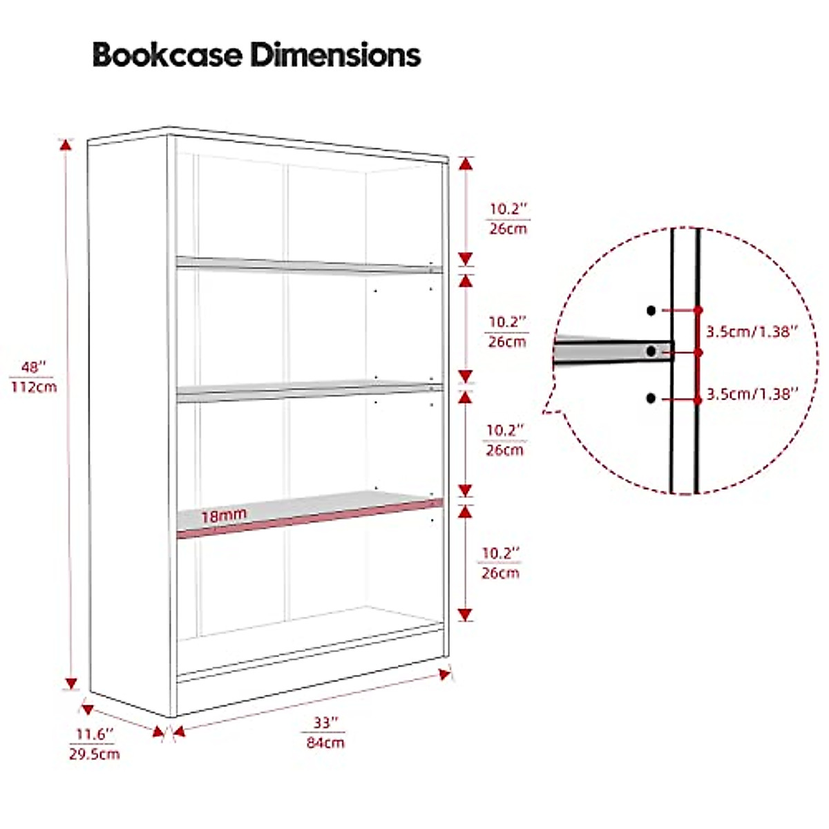 Wood Bookcase 4-Shelf Freestanding Display Wooden Bookshelf for Home Office School (11.6" D*33" W*48" H,White)