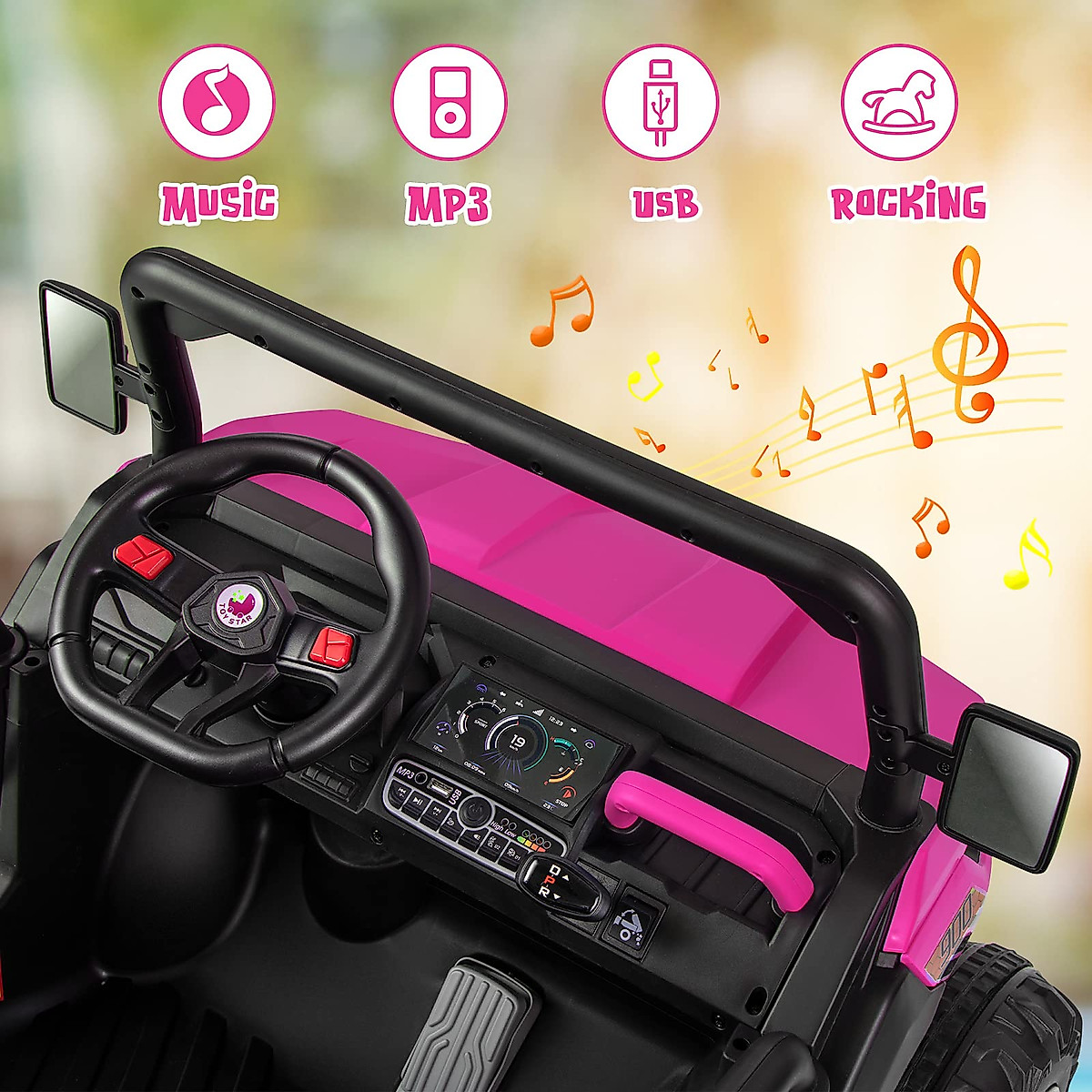 OLAKIDS 2 Seater Ride On Car, 12V Off-Road UTV Electric Vehicle with Remote Control, Dump Bed, Extra Shovel, Music, USB, AUX, Rocking Function, Kids Toddlers Battery Powered Truck (Pink)