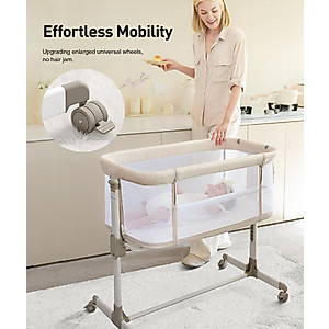 Fodoss Baby Bassinets Bedside Sleeper - All Mesh Bedside Bassinet with Wheels, 7 Height Adjustable Baby Bassinet for Infants, Beige