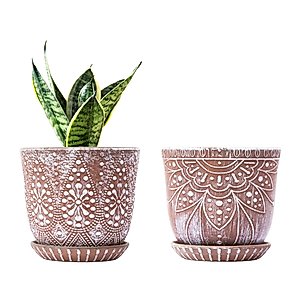Gepege 6 Inch Beaded Ceramic Planter Set of 2 with Drainage Hole and Saucer for Plants, Indoor-Outdoor Large Round Succulent Orchid Flower Pot