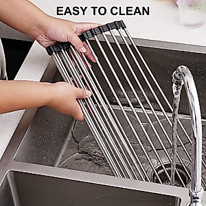 NileHome Roll Up Dish Drying Rack, Sink Drying Rack Over Sink Dish Drying Rack 304 Stainless Steel Foldable Drain Rack for Kitchen Sink Counter Utensils Vegetables and Fruits (17.5''X16.5'')，Black