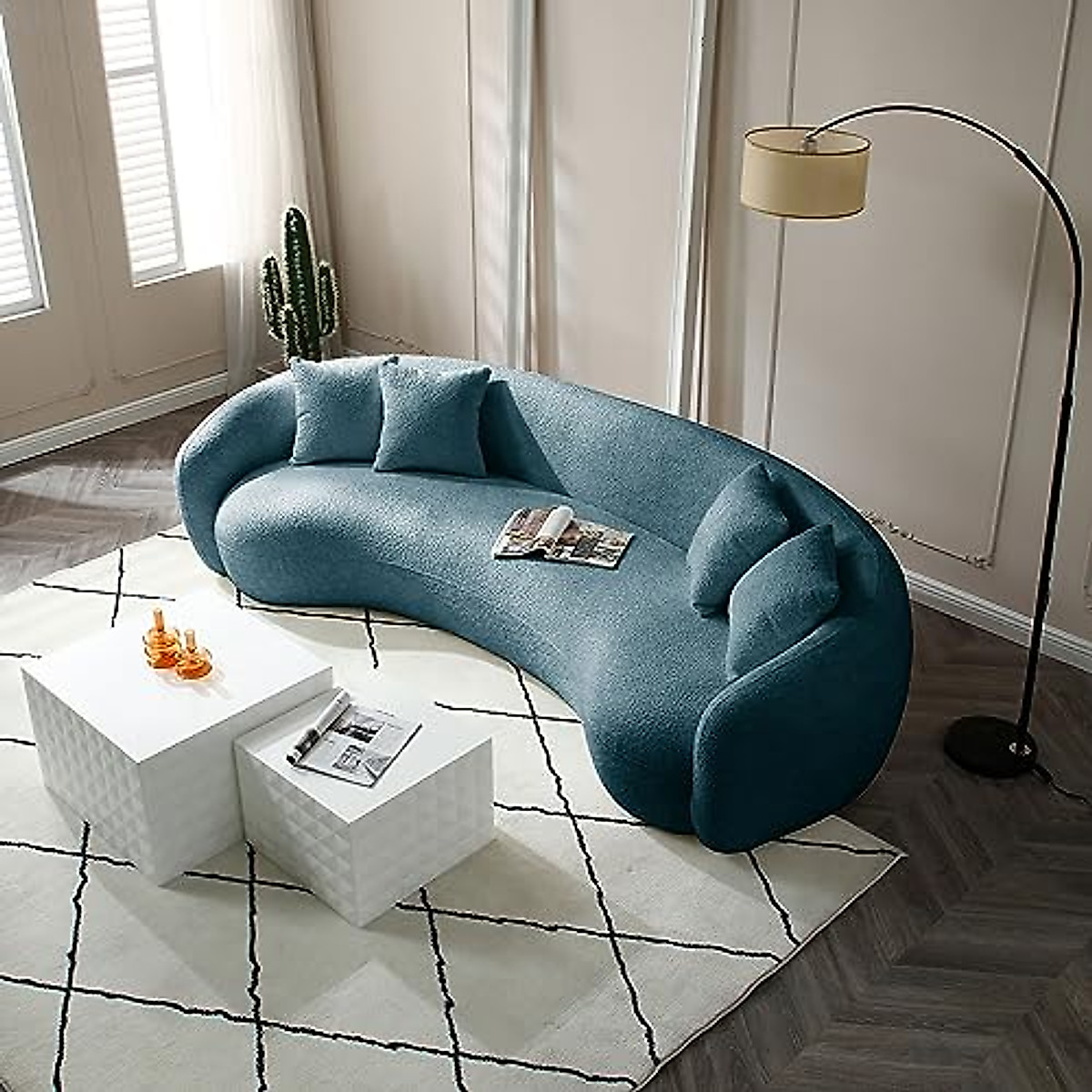 102" Teddy Fleece Boucle Cloud Sofa Modern Half Moon Comfy Sectional Leisure Couch, Beautiful Freestanding Curved Sofa&Couch for Living Room, Professionally Upholstery Perfect Shape, Blue 5 Seats