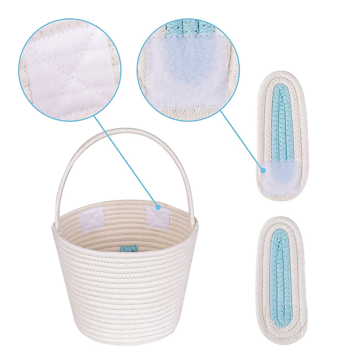 CubesLand Easter Basket for Boys Girls Easter Bunny Basket with Rabbit Ears, Easter Egg Hunting Basket Easter Baskets for Children Kids Babies First Easter Gifts Blue White 9.8 x 7.8 x 7.8”