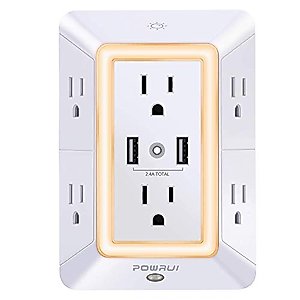 USB Wall Charger, Surge Protector, POWRUI 6-Outlet Extender with 2 USB Charging Ports (2.4A Total) and Night Light, 3-Sided Power Strip with Adapter Spaced Outlets - White，ETL Listed